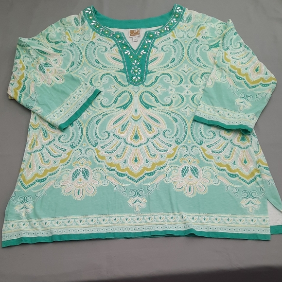JM Collection | Tops | Jm Collection Teal And White Patterned 34 Sleeve ...